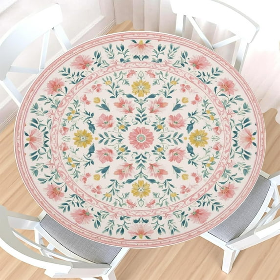 Boho Round Fitted Tablecloth with Elastic Edge,Water-Resistant Vintage ...