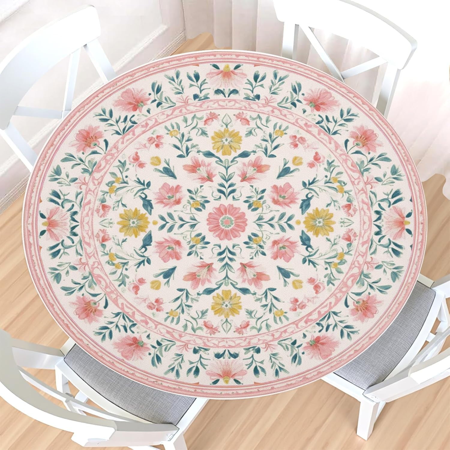 Boho Round Fitted Tablecloth with Elastic Edge,Water-Resistant Vintage ...
