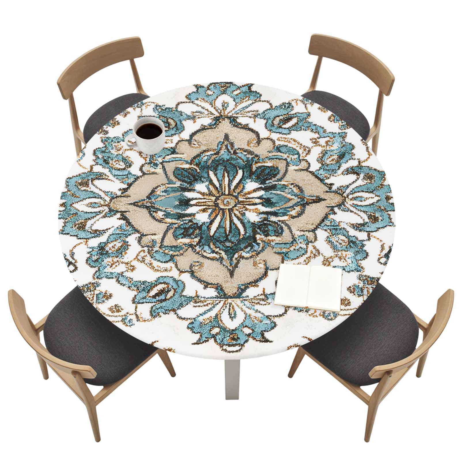 Boho Round Fitted Tablecloth with Elastic Edge Retro Blue Floral Table ...