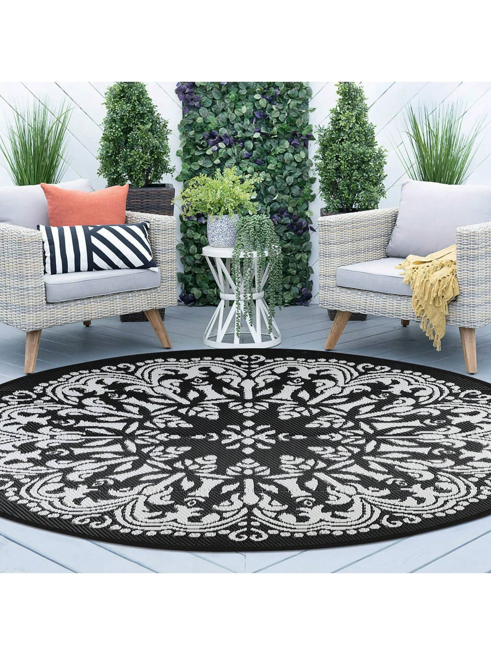 Boho Round Outdoor Rug For Patios,Lightweight Waterproof Reversible ...
