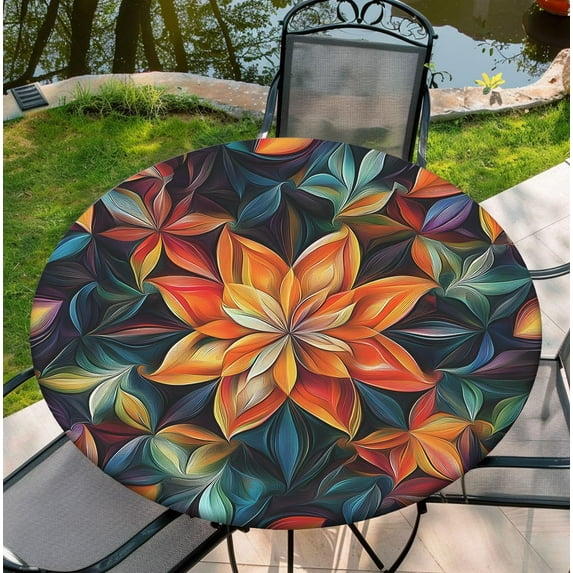 Boho Round Table Cover, 52 Inch Fitted Round Tablecloth Waterproof ...