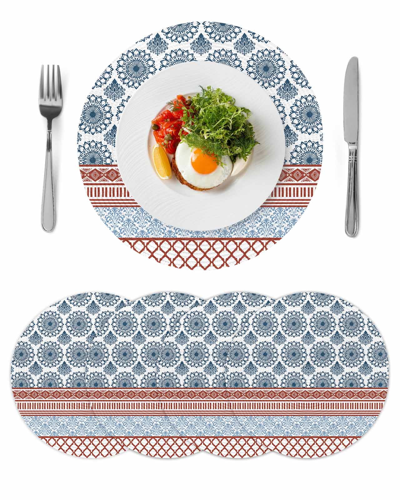 Boho Round Table Placemats set of 4, Geometric Stripes Damask Washable ...
