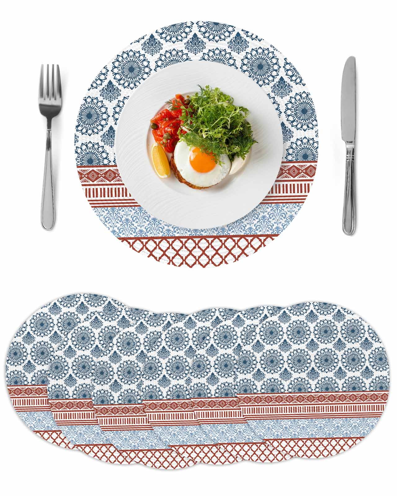 Boho Round Table Placemats set of 6, Geometric Stripes Damask Washable ...