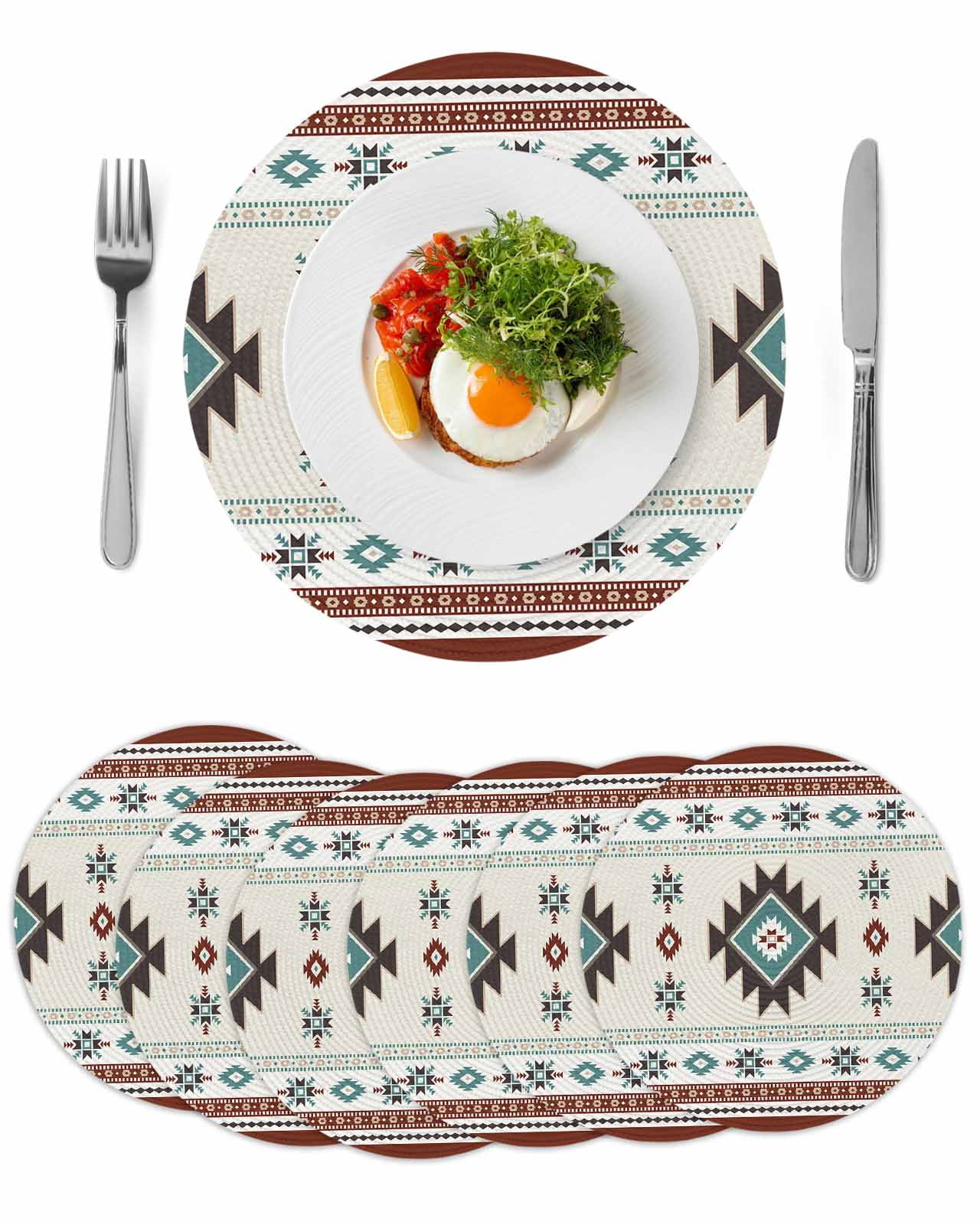 Boho Round Table Placemats set of 6, Southwest Native Pattern Washable ...