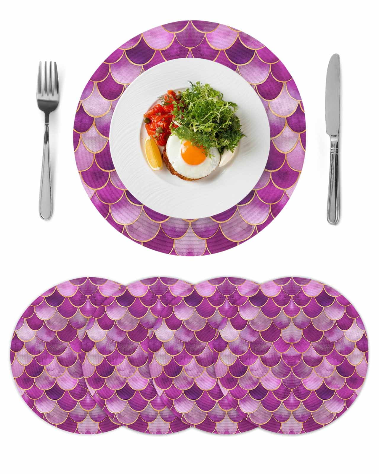 Boho Round Table Placemats set of 4, Scallop Pattern Washable Woven ...