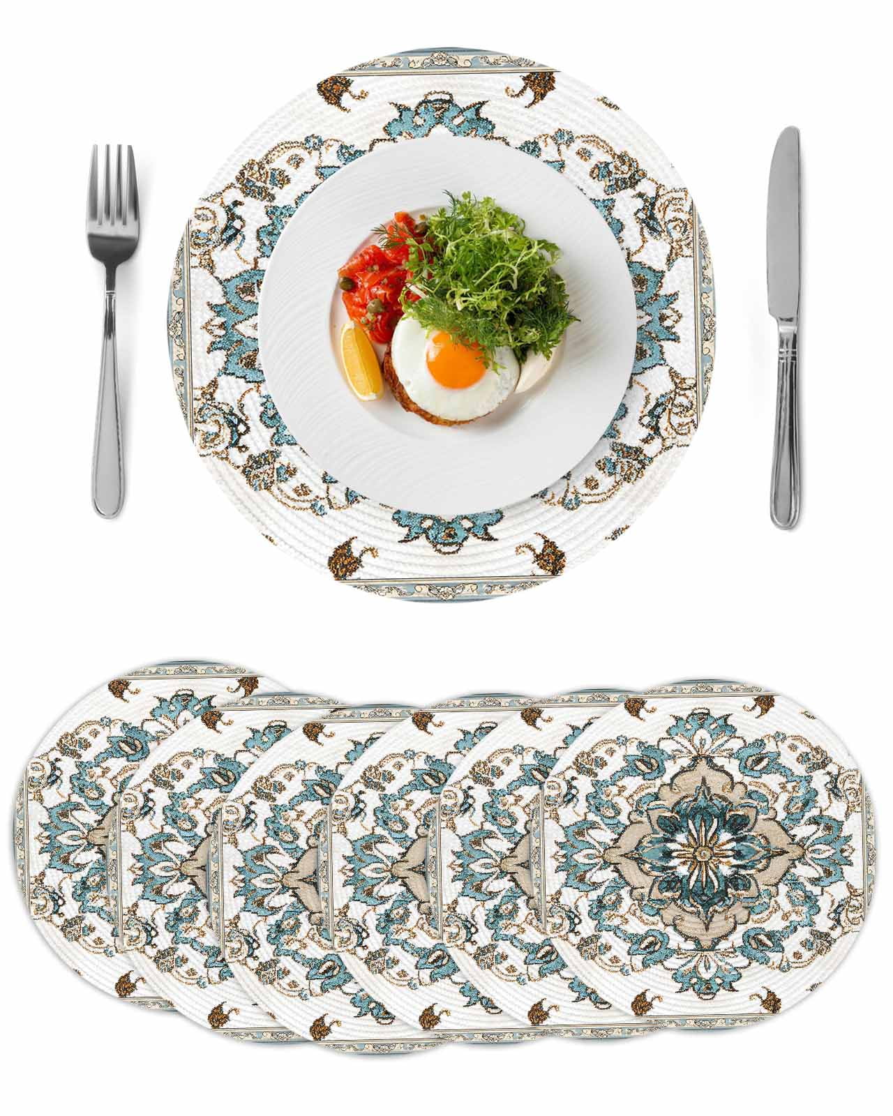Boho Round Table Placemats set of 6, Retro Pattern Washable Woven Place ...