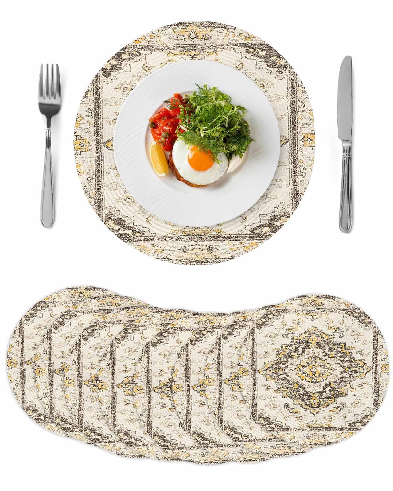 Boho Round Table Placemats set of 8, Vintage Pattern Washable Woven ...