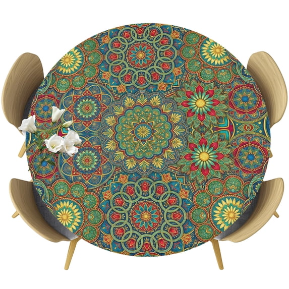 Boho Round Tablecloth 36-44 Inch Round Fitted Table Cloth with Elastic ...