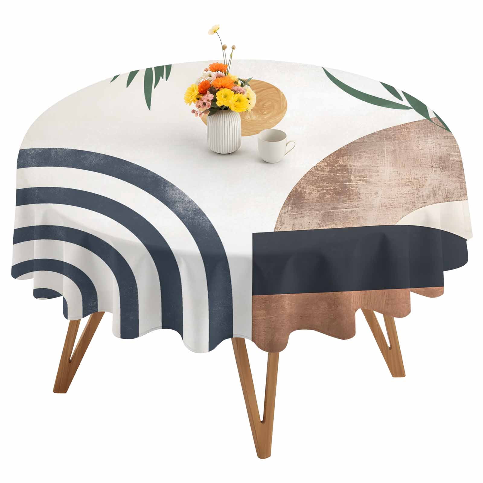 Boho Round Tablecloth 54 inches Leaf Geometric Neutral Mid Century ...