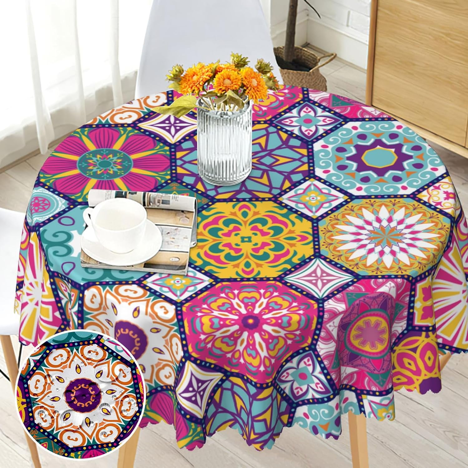 Boho Round Tablecloth 60 inch, Moroccan Circle Table Cloth, Waterproof Stain Resistant Wrinkle ...