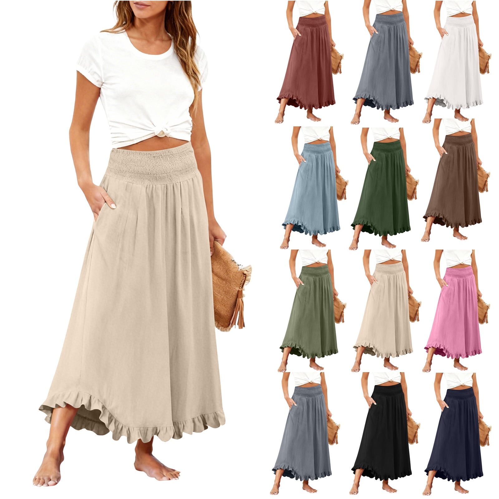Boho Ruffle Hem Maxi Skirt for Women - High Waisted Elastic Waist Long ...