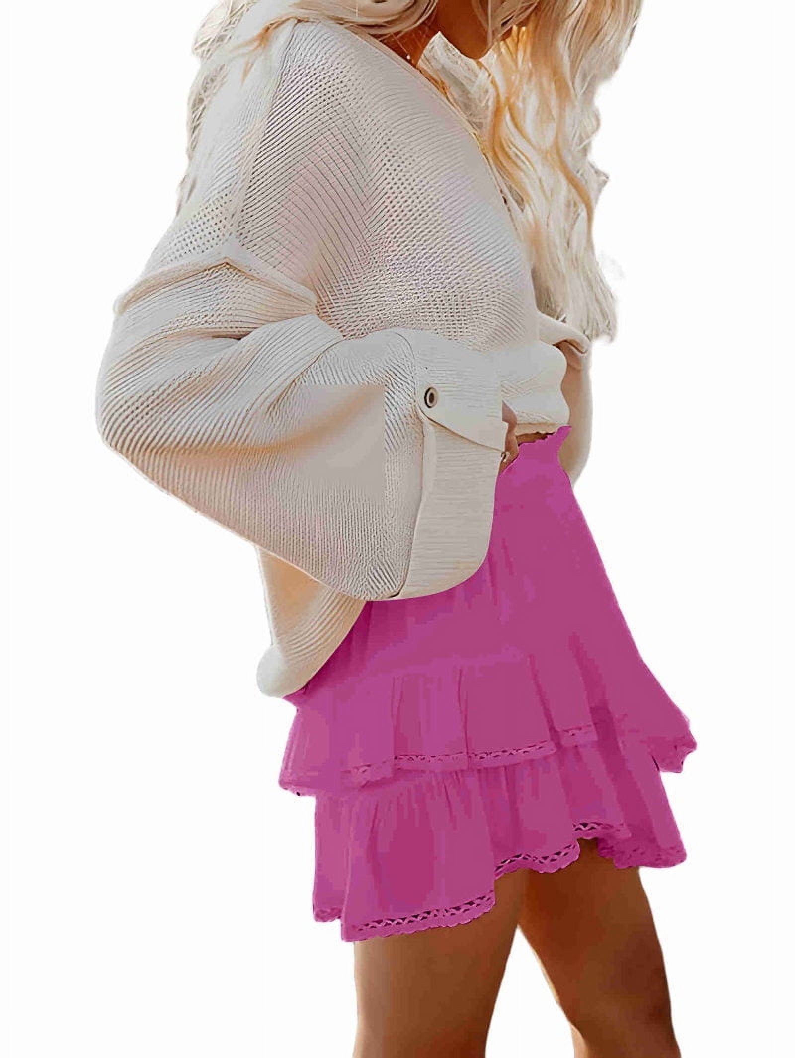 Boho Ruffle Tiered Skorts High Waist Mini Skirts Bright Pink S ...