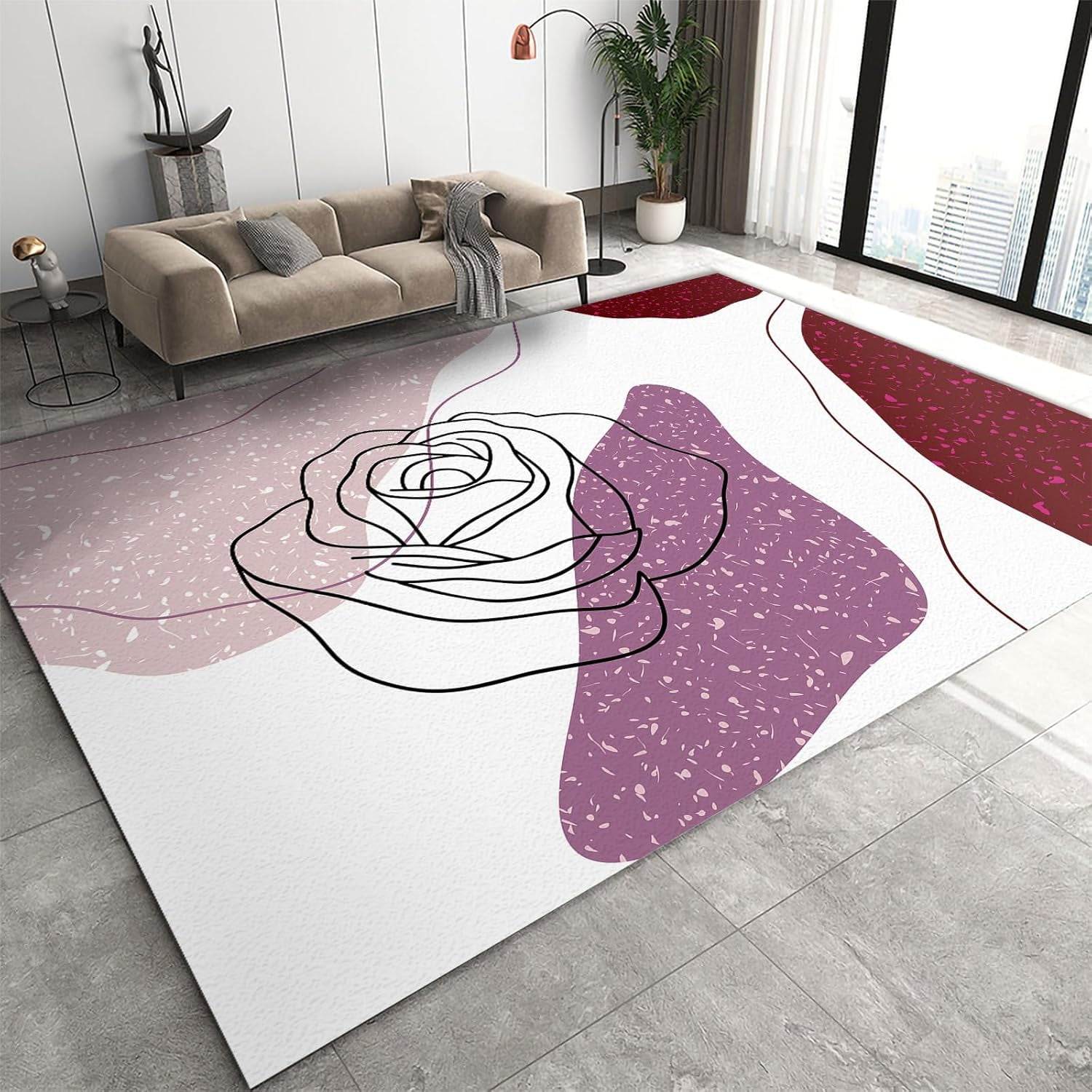 Boho Rug, Minimalist Elegant Lines Rose Flowers Pattern Washable Rugs ...