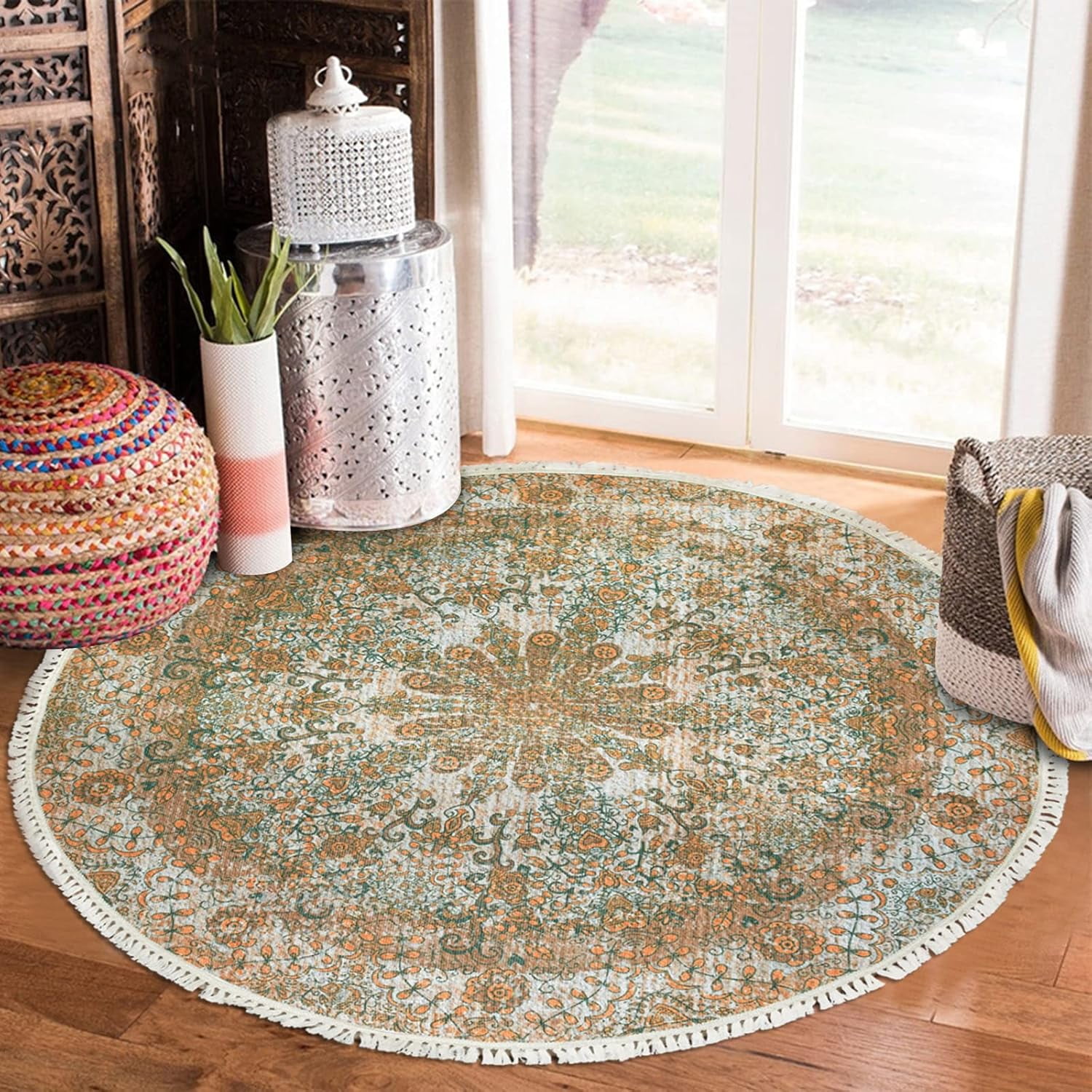 Boho Rugs Rustic Farmhouse 4Ft Round Floral Rug, Nonslip Circle Carpet ...