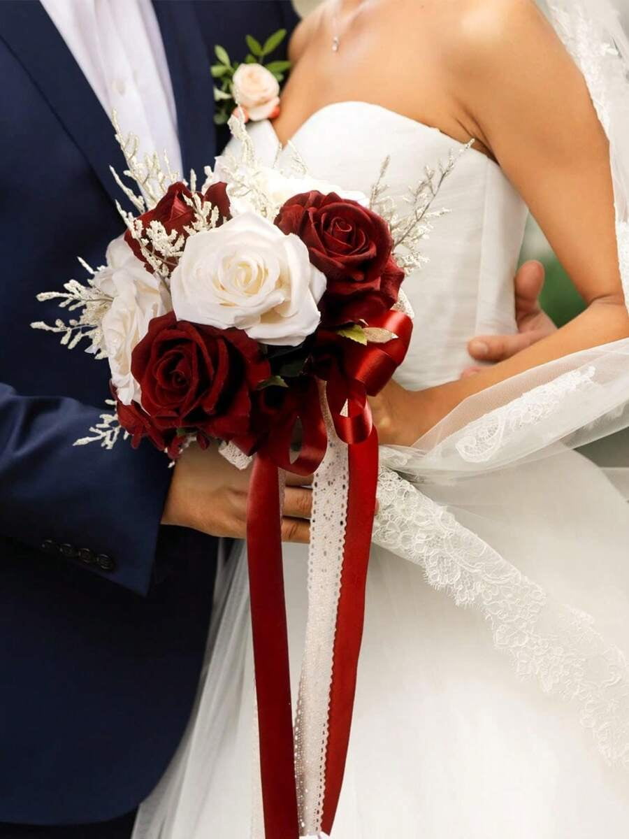 Boho Rustic Artificial Wedding Bouquet Set - Ribbon-Handled Bride ...