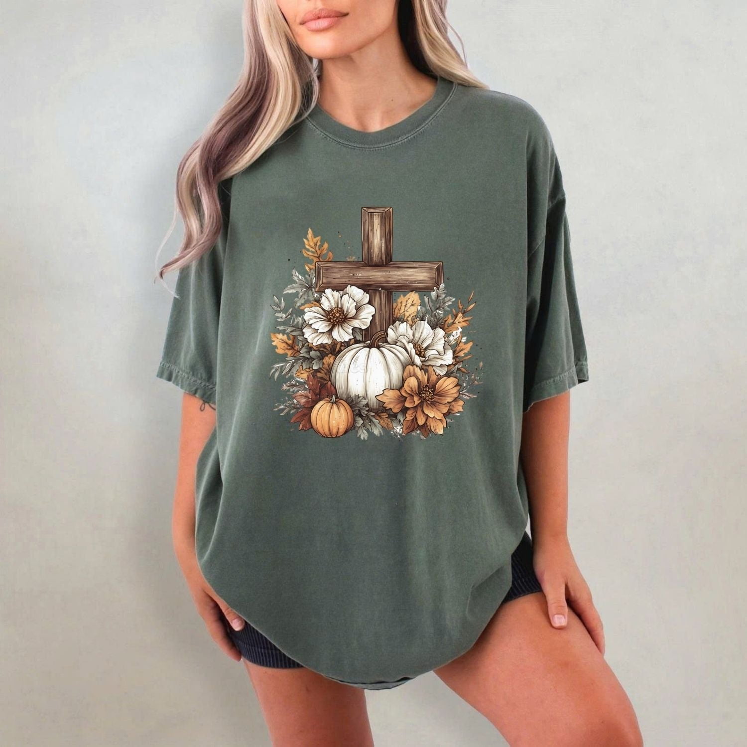 Boho Rustic Floral Pumpkin Cross Fall Jesus Comfort Color Shirt, Autumn ...