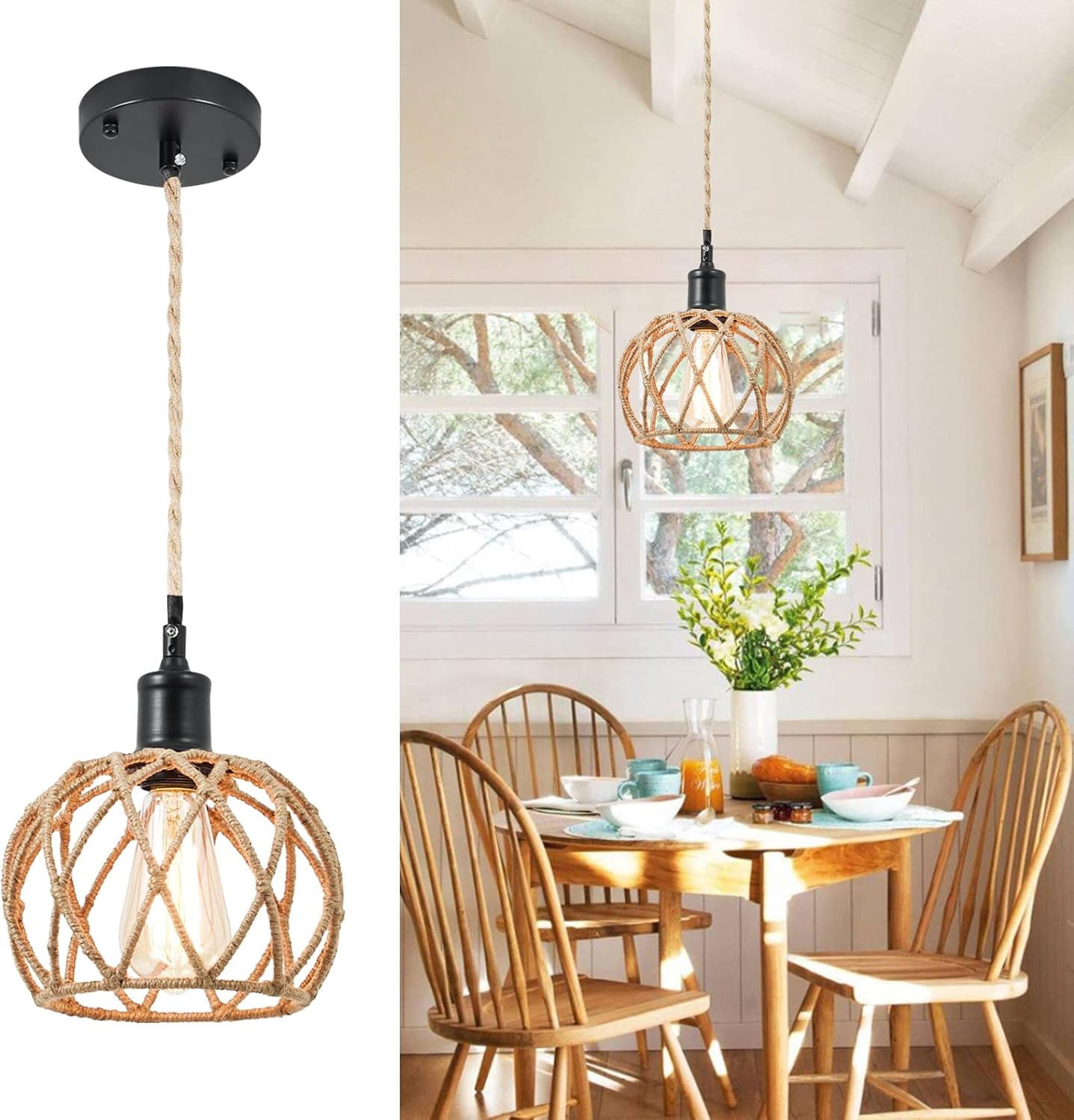Boho Rustic Industrial Woven Pendant Light, Hand-Woven Rattan Hemp Rope ...