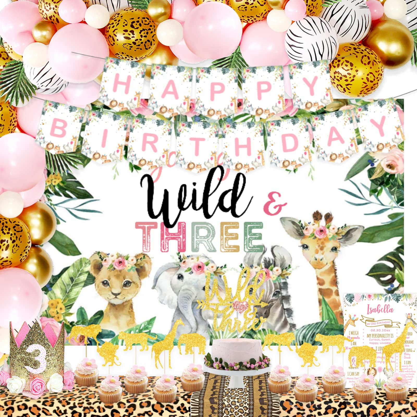 Boho Safari 3rd Birthday Party Decorations Kit for Girls - Wild Animal ...