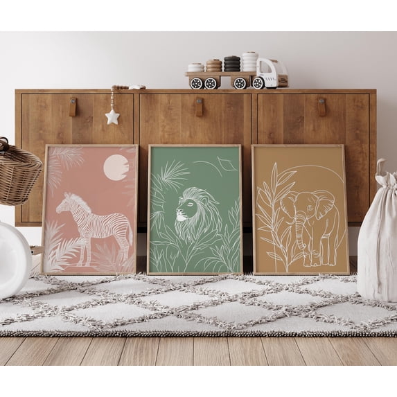 Boho Safari Line Art Zebra Lion Elephant Decor Minimalist Jungle ...
