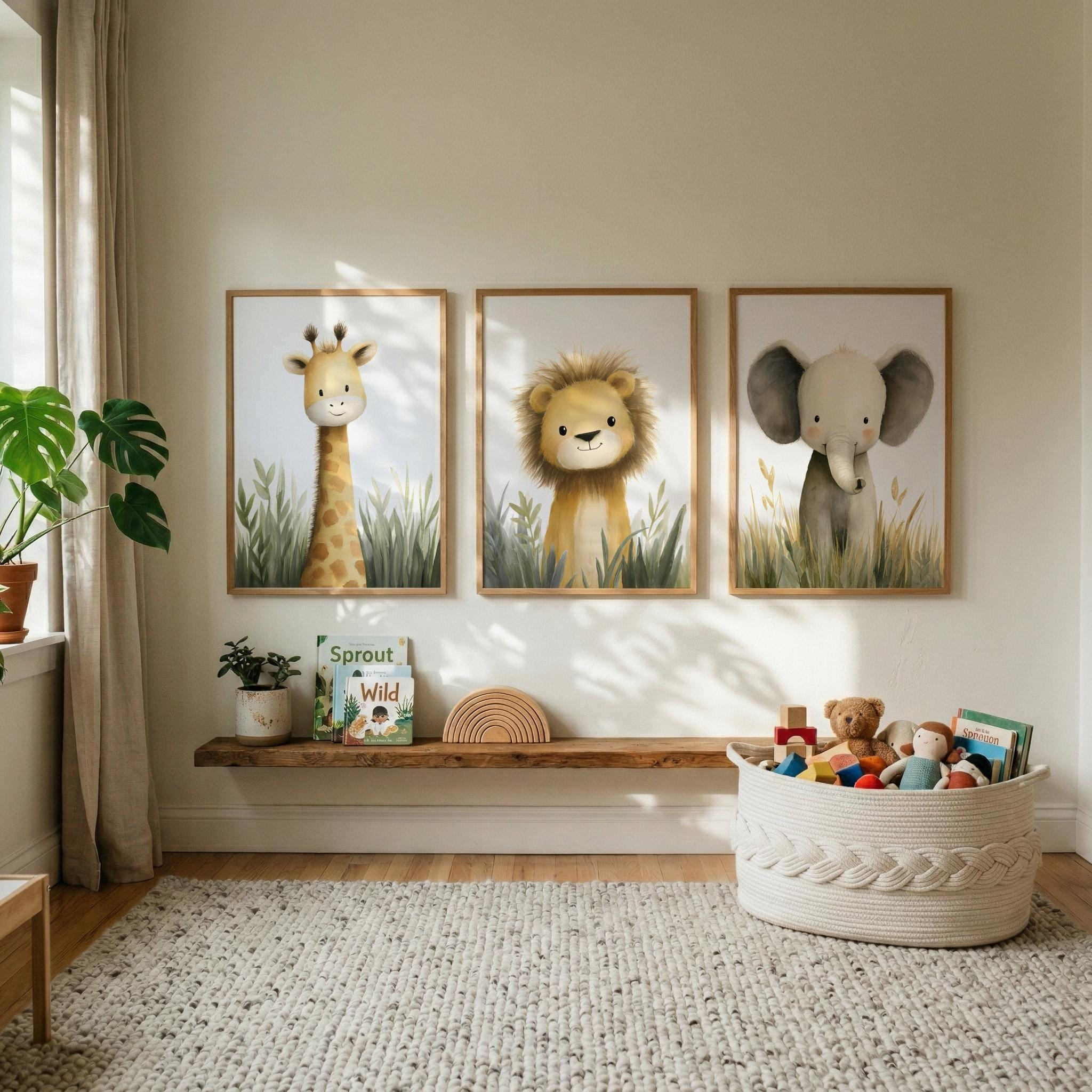 Boho Safari Nursery Print Watercolor Style Lion Giraffe Elephant Wall ...