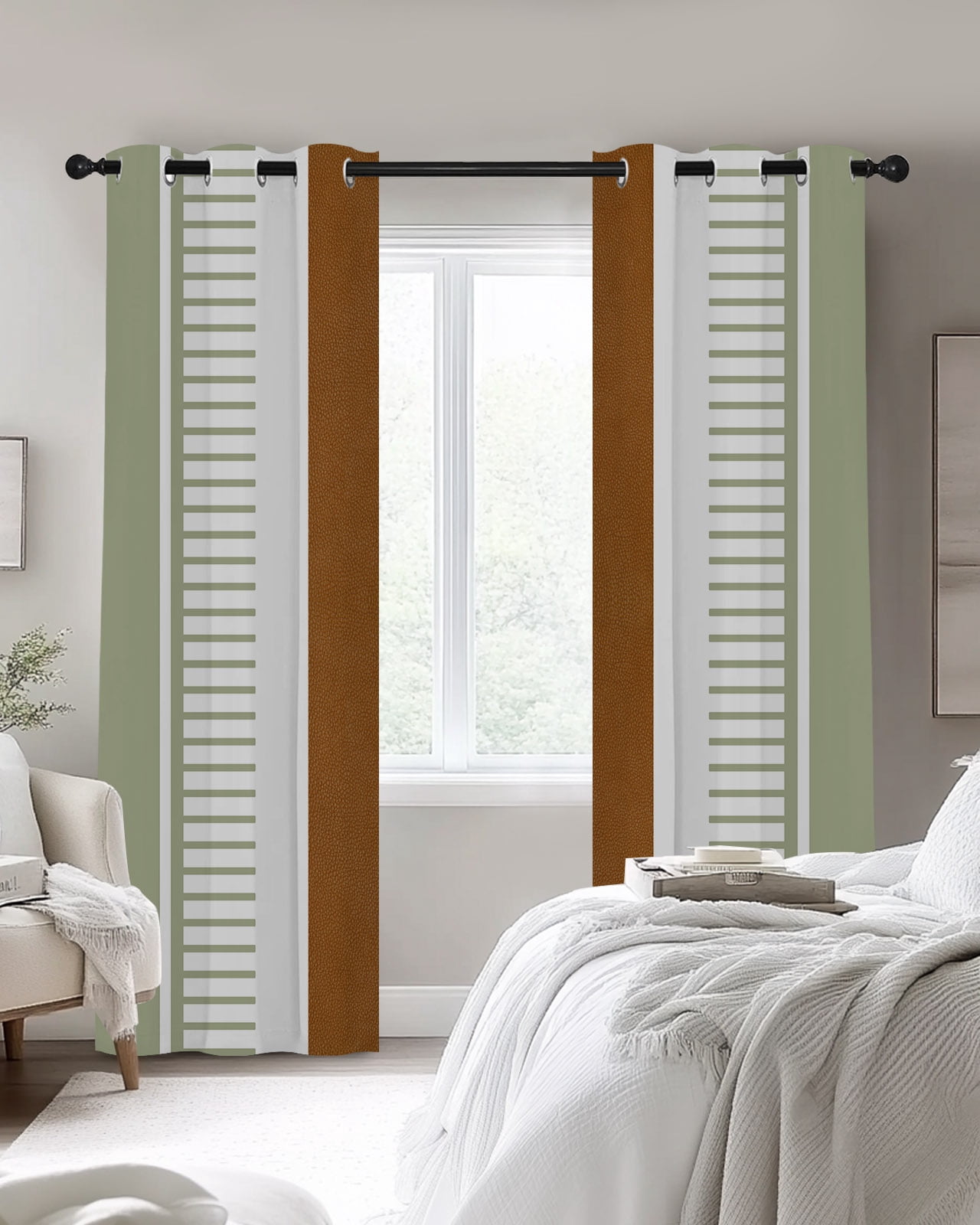 Boho Sage Blackout Curtains 2 Panels, Green and Brown Striped Geometric ...