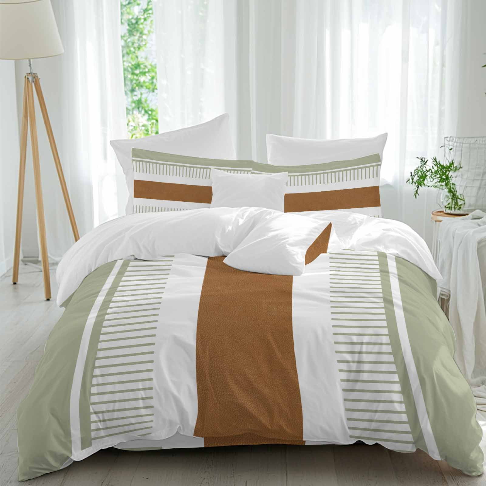 Boho Sage Comforter Set Full Size, Green and Brown Striped Geometric ...