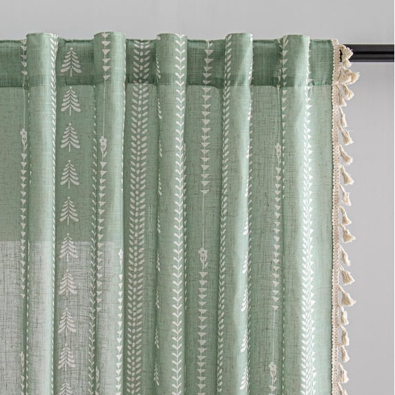 Boho Sage Green Curtains 95" Length, Floral Patterned Linen Blend Light ...
