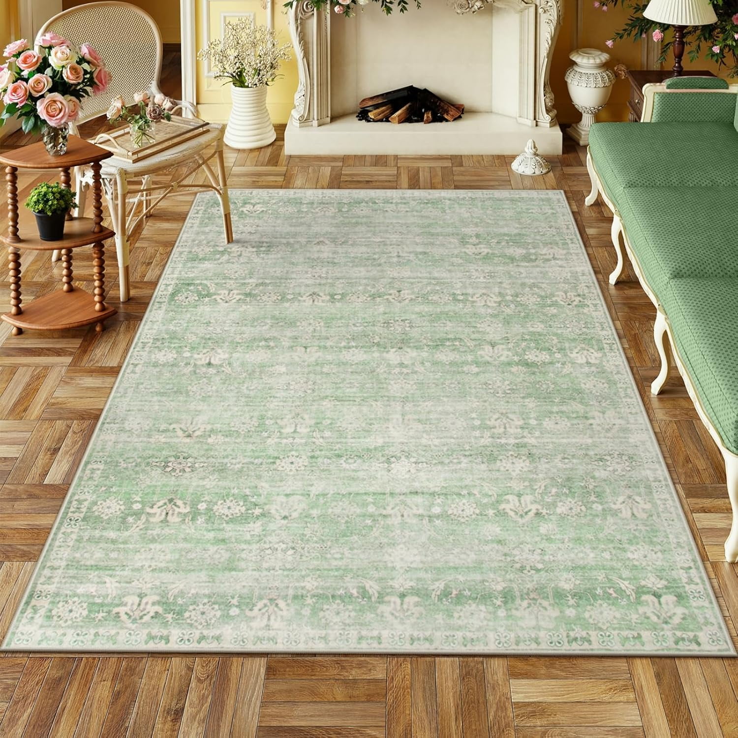 Boho Sage Green Floral Area Rug 5x7, Soft Non-Slip Neutral Washable ...