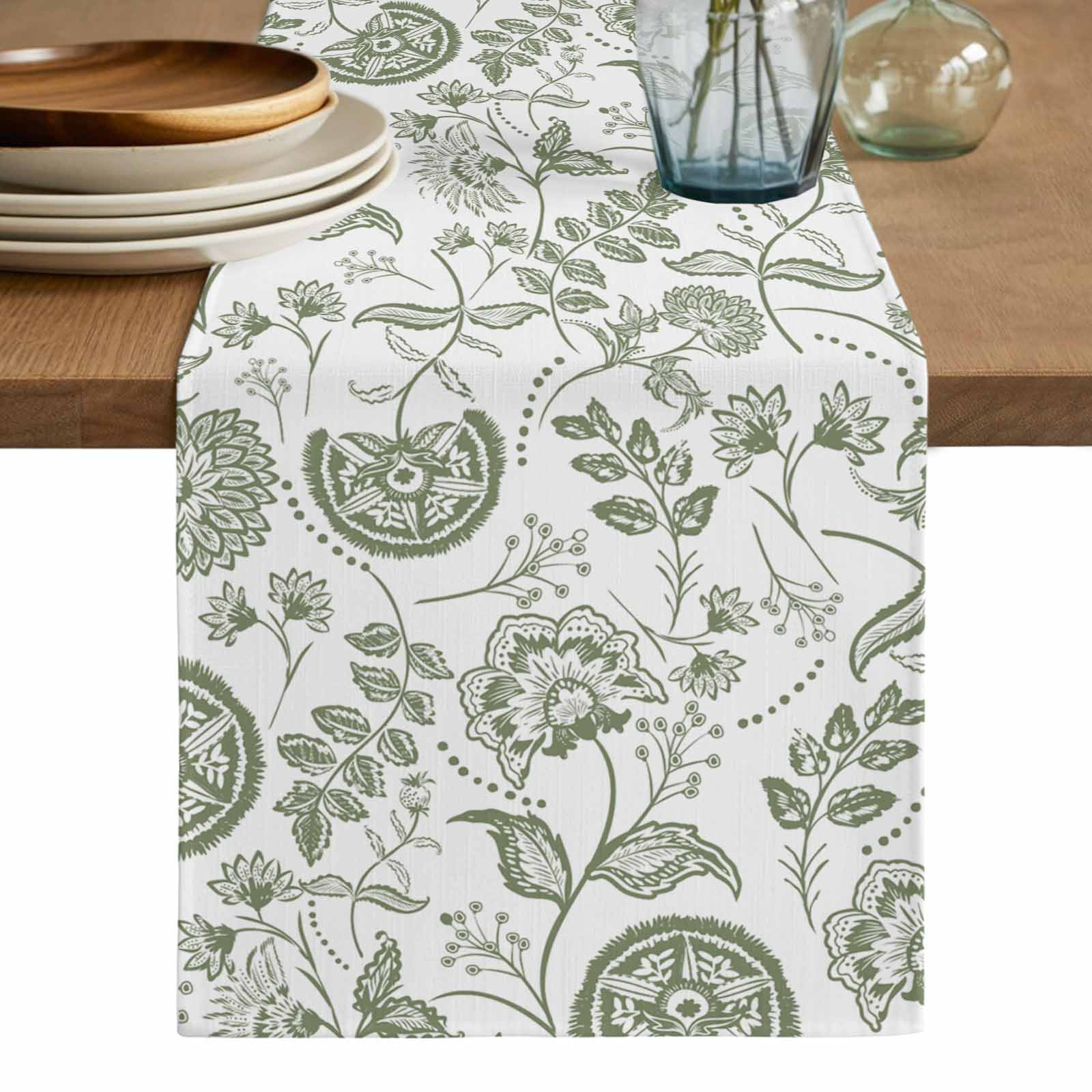 Boho Sage Green Floral Table Runner, Vintage Farmhouse Paisley Plant ...