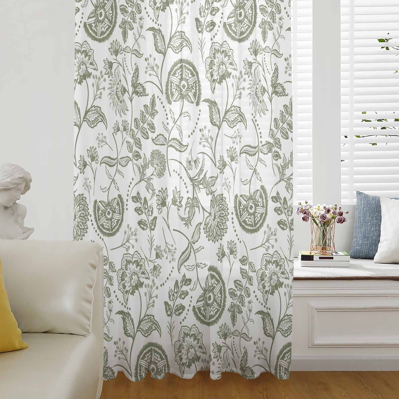 Boho Sage Green Floral Window Curtain 108 Inches Long,Vintage Farmhouse ...