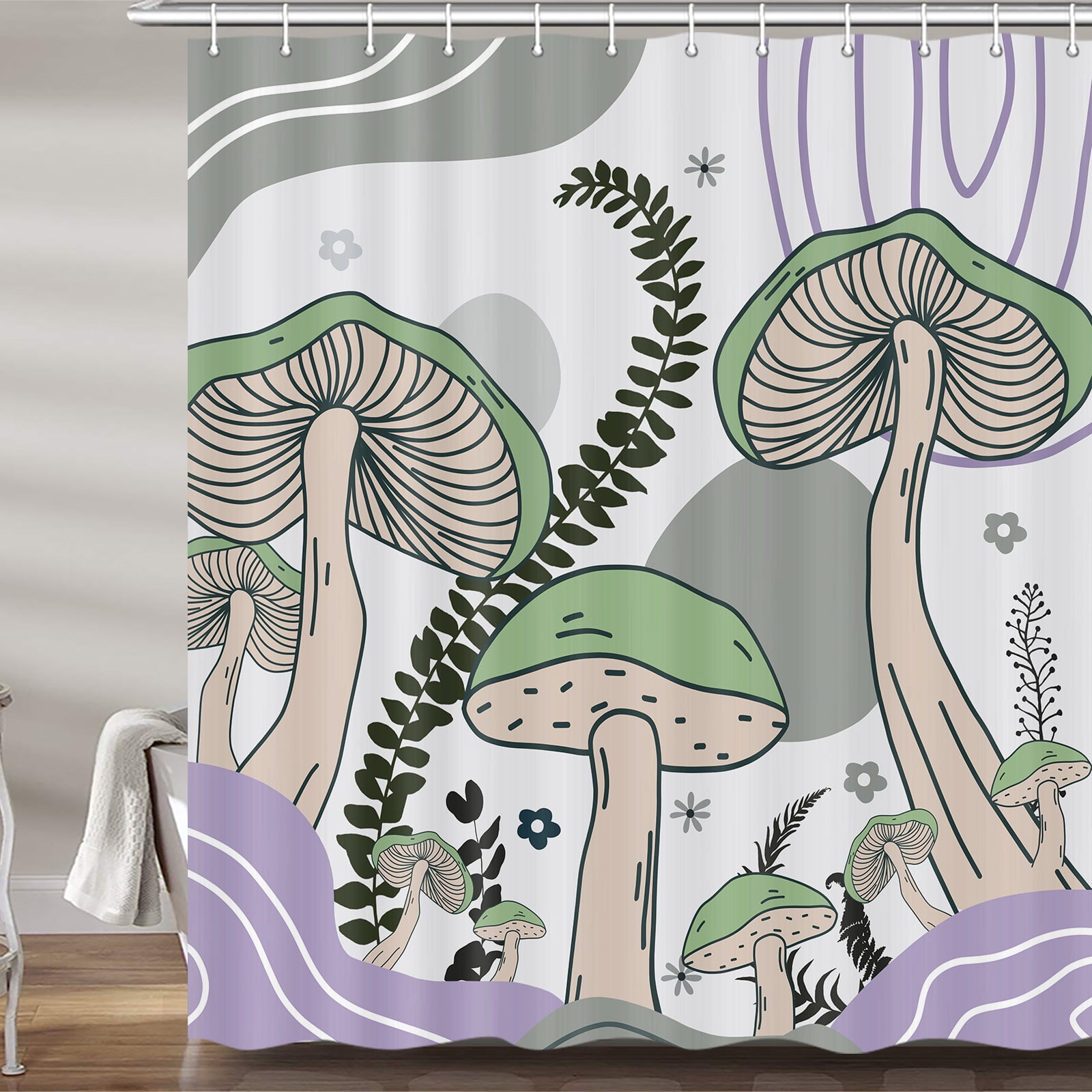 Boho Sage Green Mushroom Shower Curtain, Cute Abstract 70s Mid Century ...