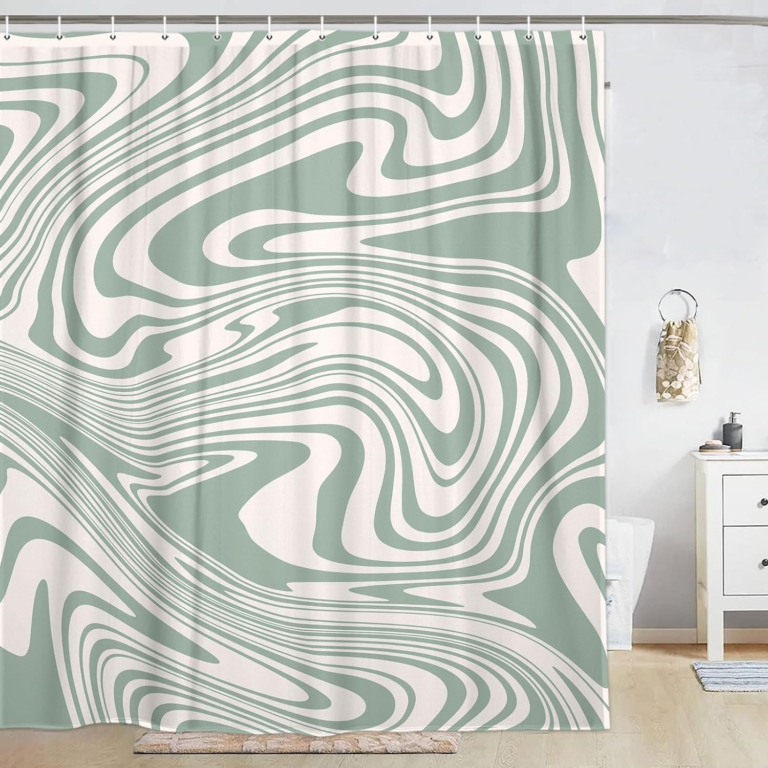 Boho Sage Green Shower Curtain, Aesthetic 70S 60S Abstract Waves Swirl Cute Retro Groovy Shower ...