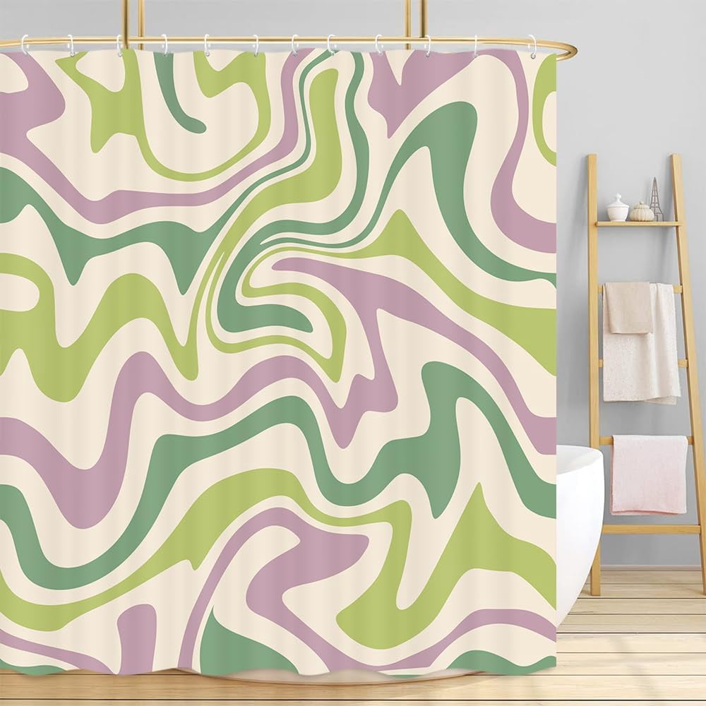 Boho Sage Green Shower Curtain, Cute Aesthetic 70S Abstract Wavy Swirl ...