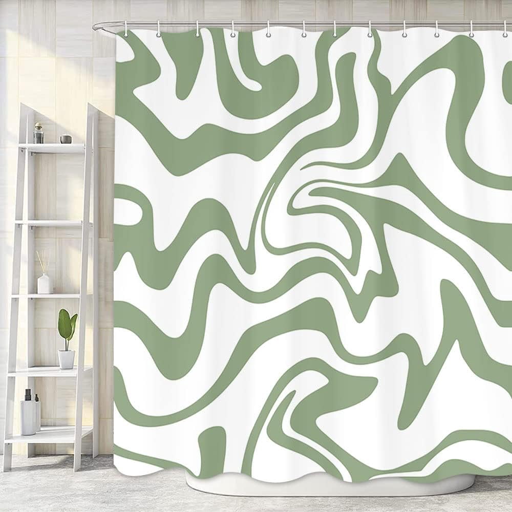 Boho Sage Green Shower Curtain, Cute Aesthetic 70S Abstract Wavy Swirl ...