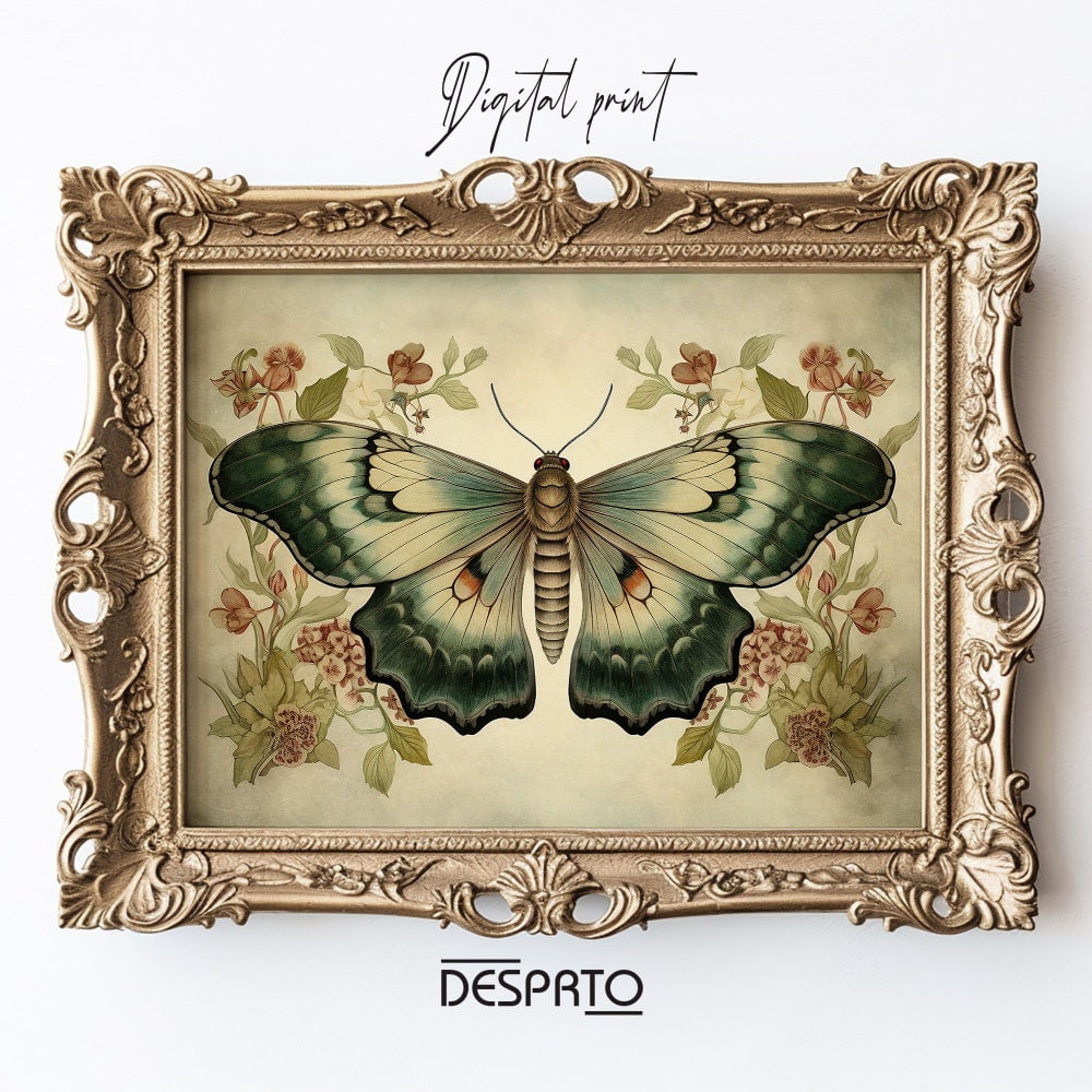 Boho Sage Green Vintage Butterfly Print, Moody Moth Wall Decor ...