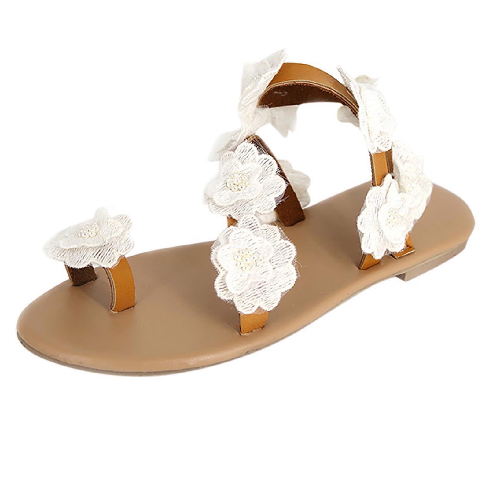Boho Sandals Womens Lace Flower Peep Toe Sandals Summer Casual Flats ...
