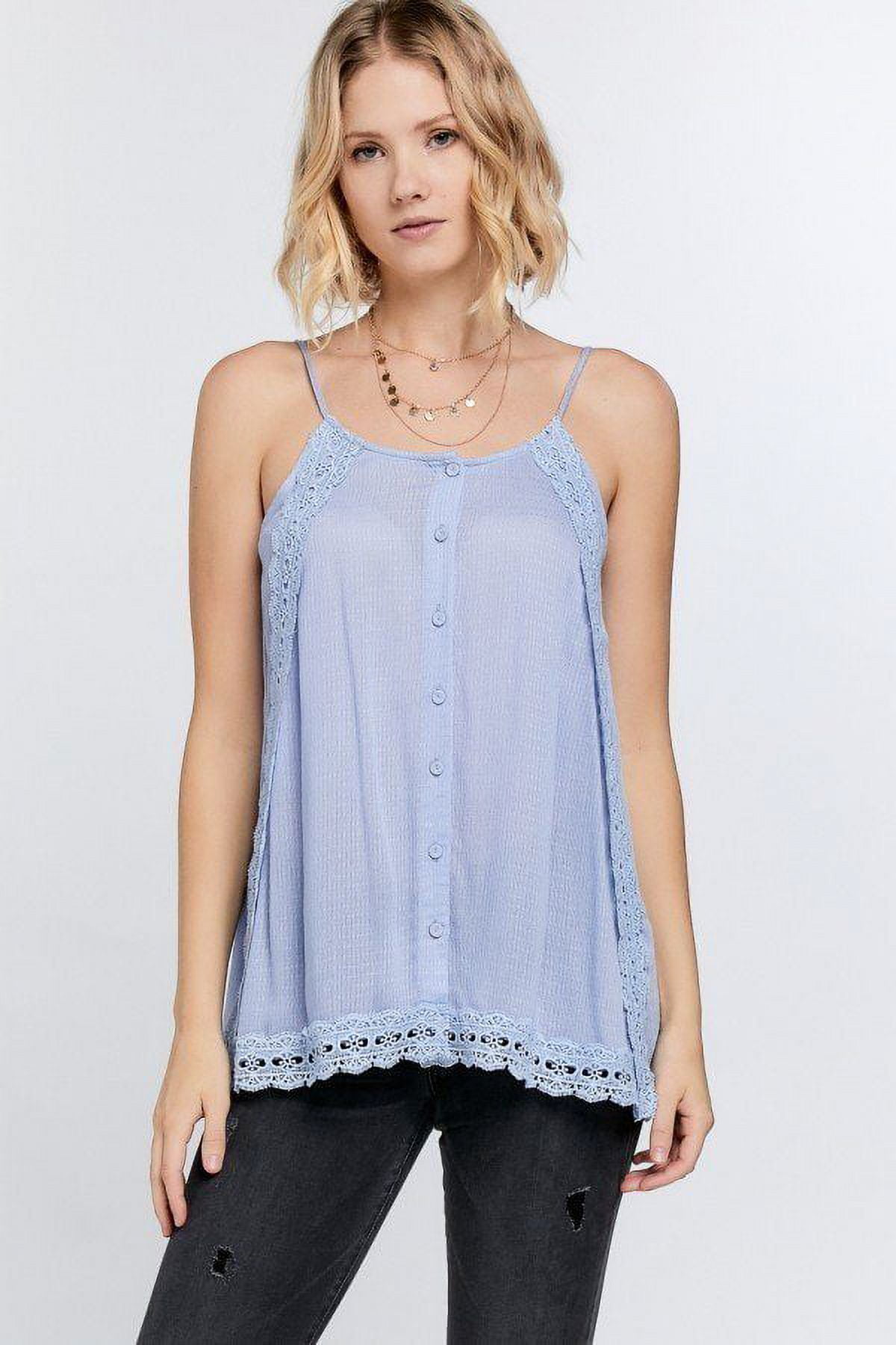 Boho Scallop Lace Trim Detailed Button Down Solid Subtle Textured Slit ...
