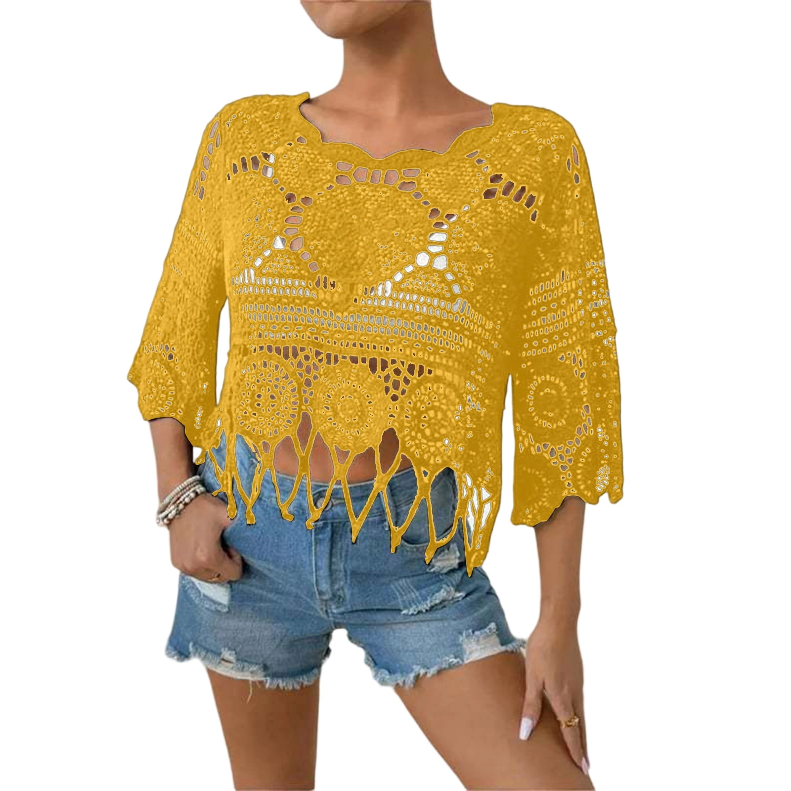 Boho Scallop Trim Crochet Beach Cover Up for Women Plain Fringe Trim 3/ ...