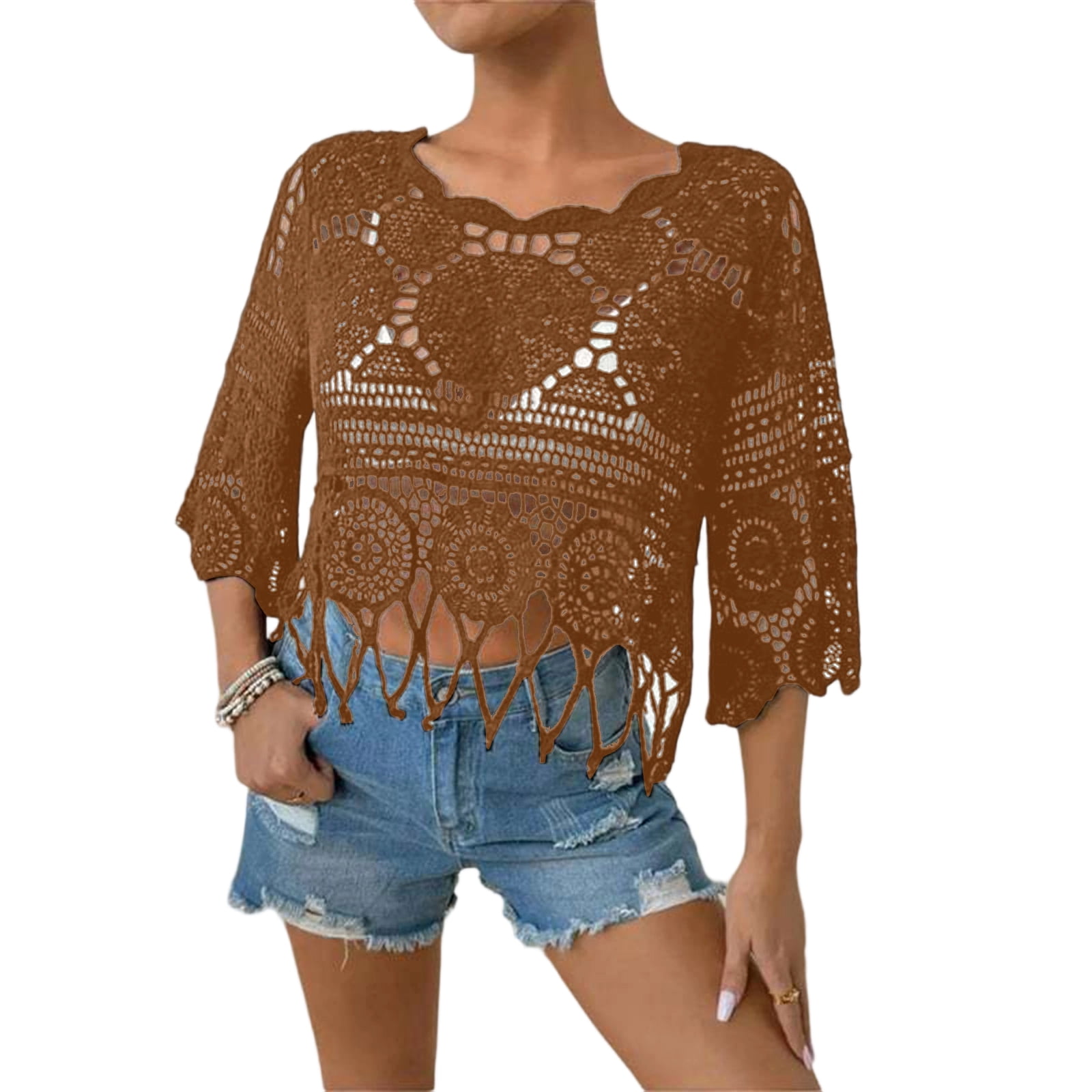 Boho Scallop Trim Crochet Beach Cover Up for Women Plain Fringe Trim 3/ ...