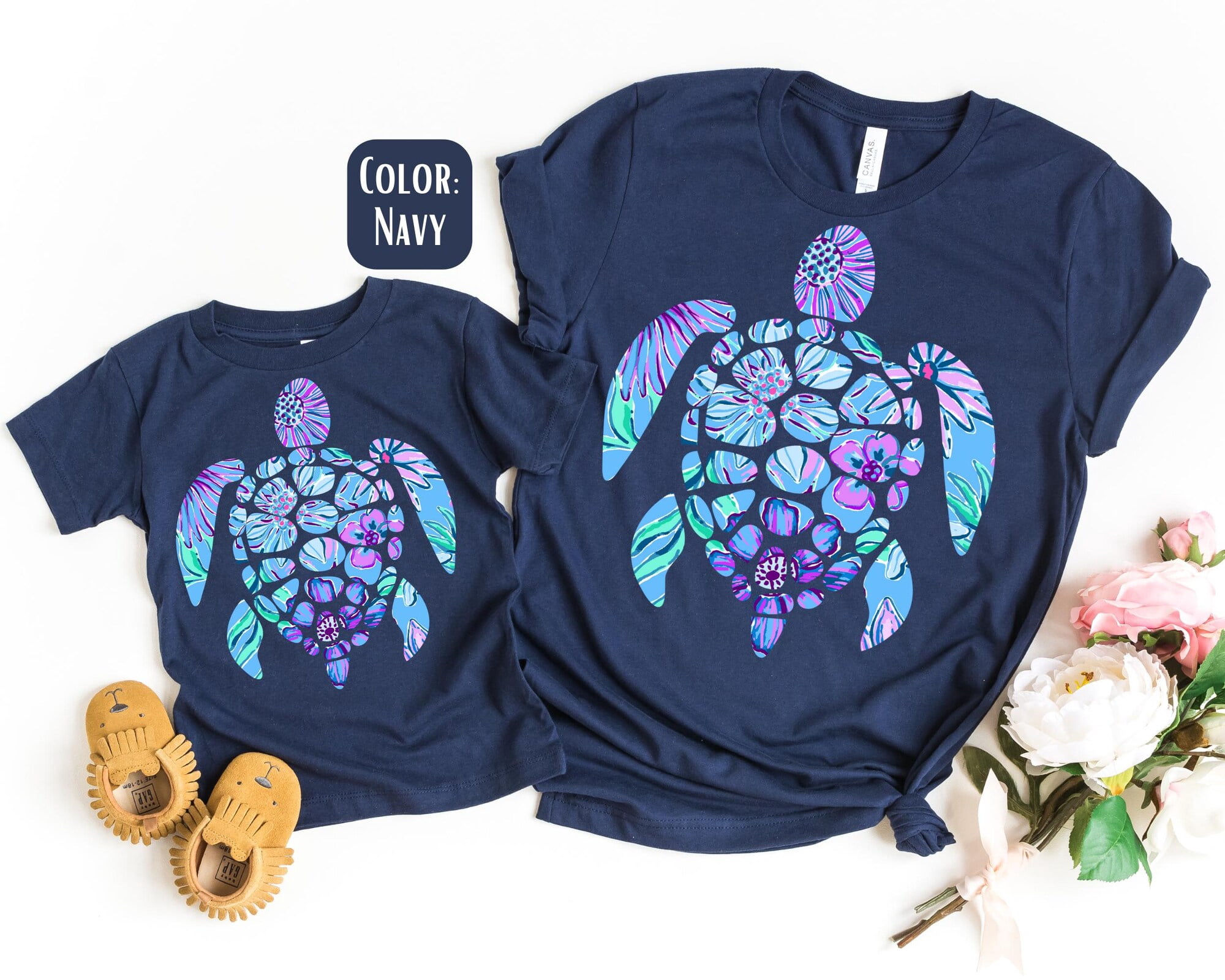 Boho Sea Turtle Mama and Mini Shirts Floral Mommy and Me Set - Walmart.com