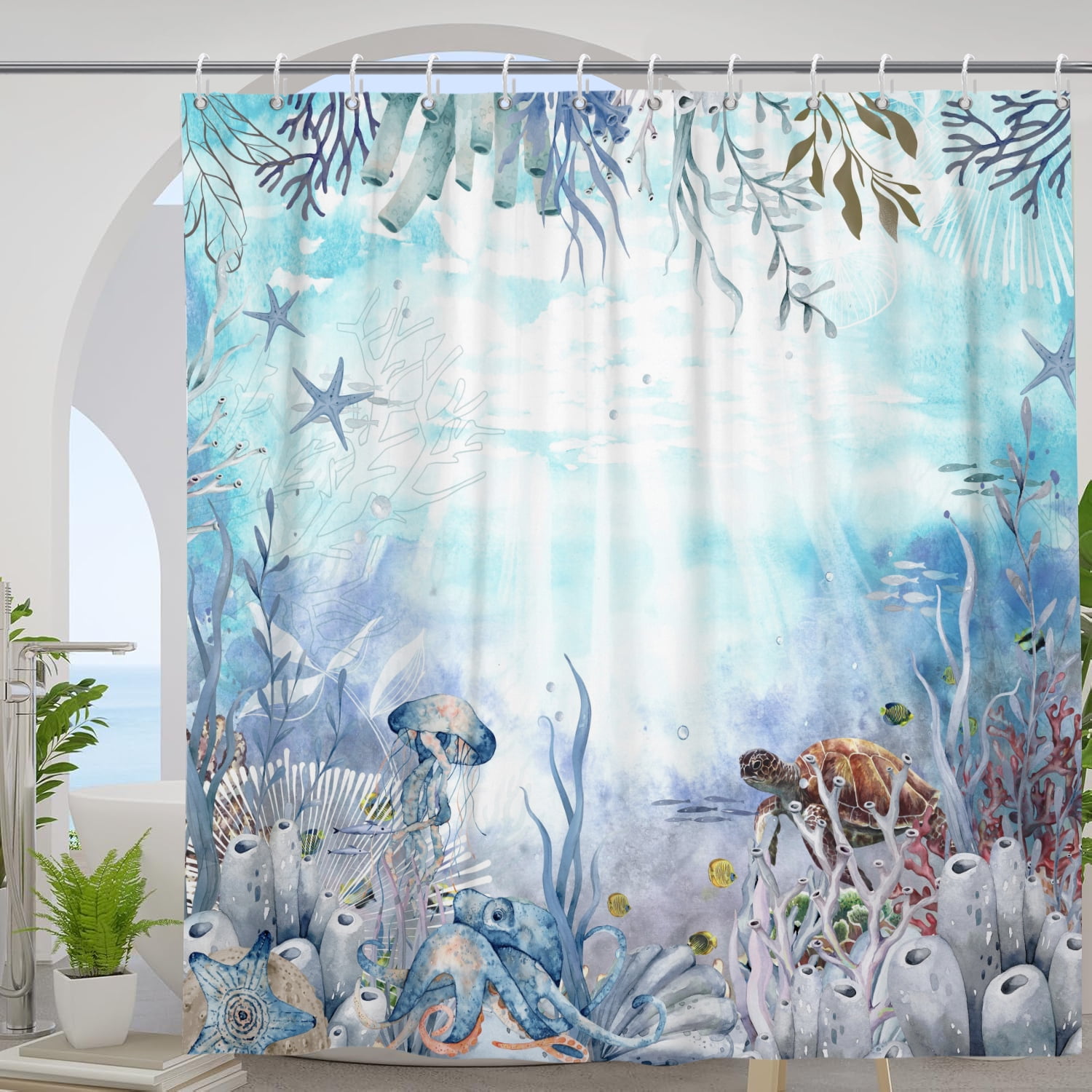 Pbobriich Sea Turtle Shower Curtain ,Ocean Sea Octopus Nautical Coastal ...