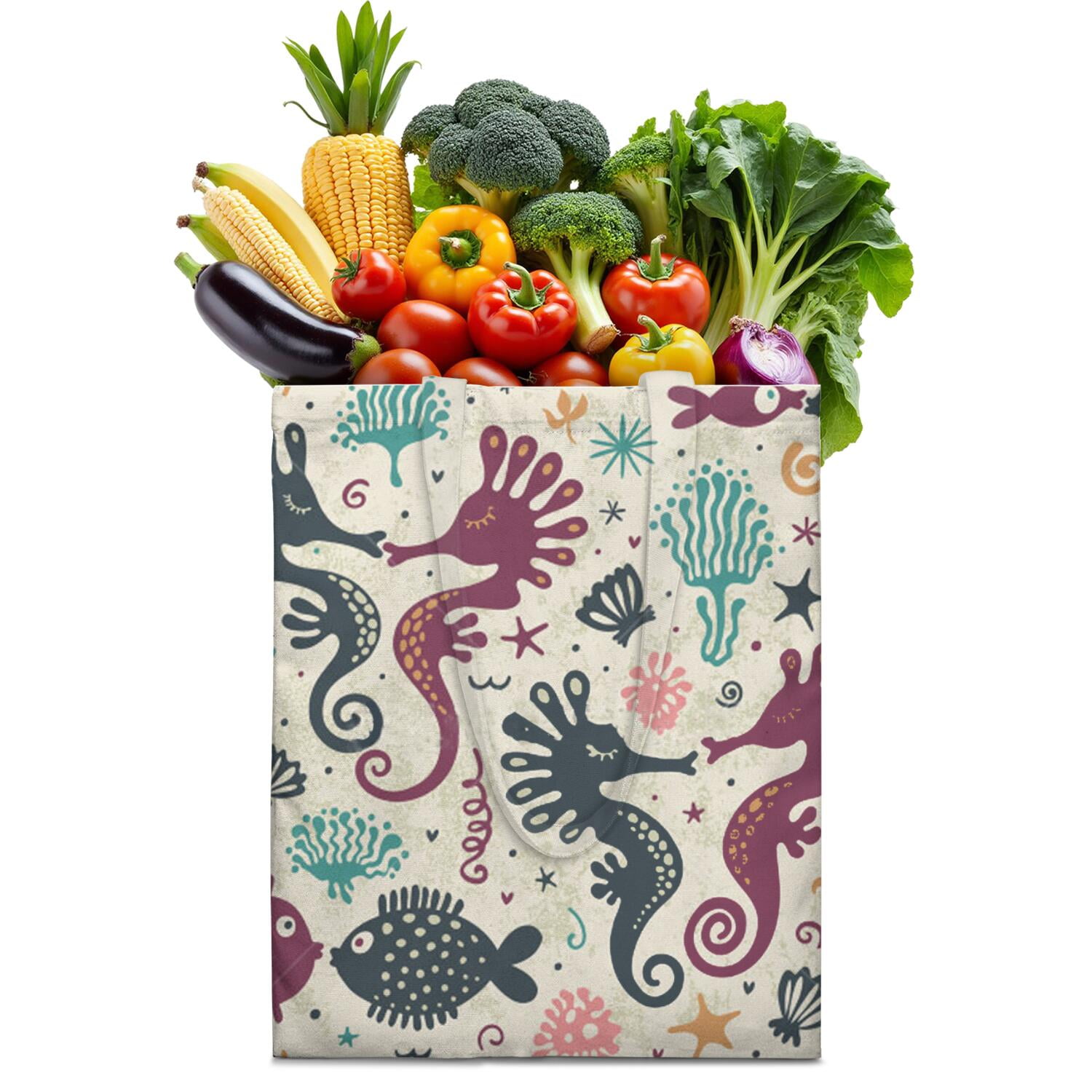 Boho Seahorse Canvas Tote Bag – Watercolor Ocean-Inspired Coastal ...