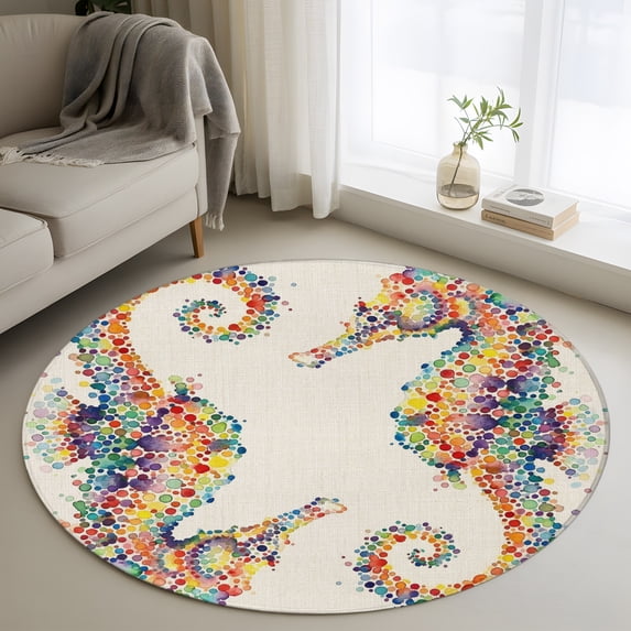 Boho Seahorses 4FT Round Area Rug Watercolor Colorful Dots Coastal ...
