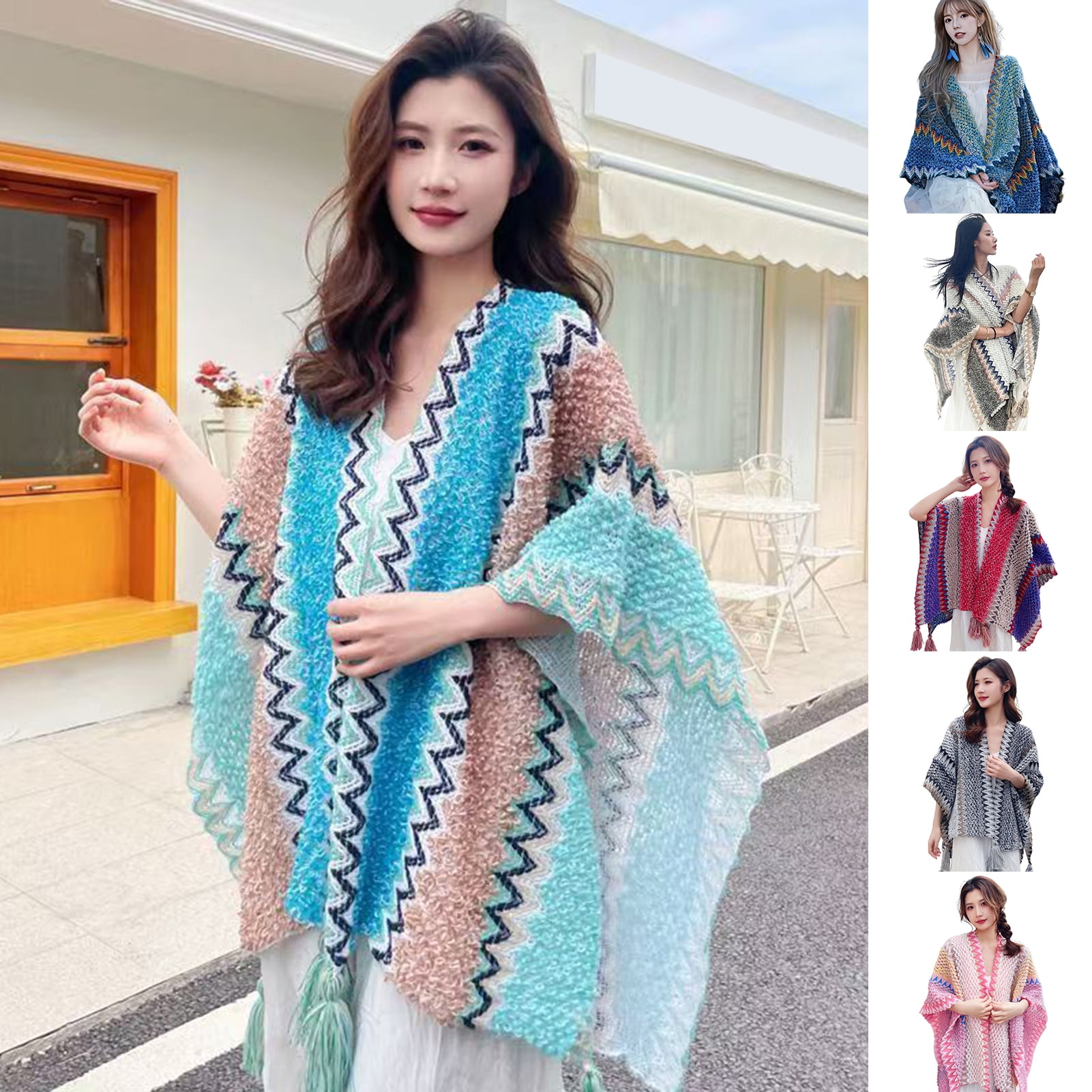Boho Shawl with Fringes Ethnic Style Patchwork Color Women Scarf Autumn ...