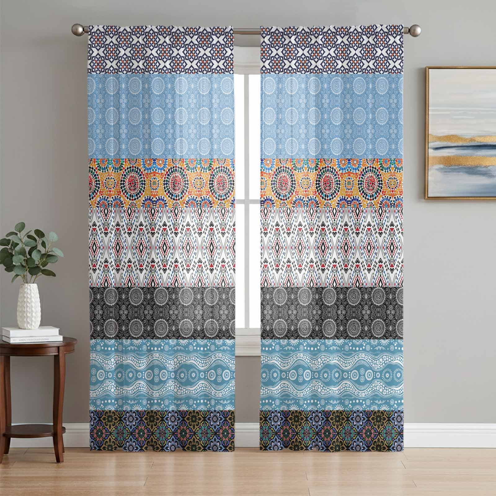 Boho Sheer Curtains 108 Inch Length 2 Panels Set, Black Orange Blue ...