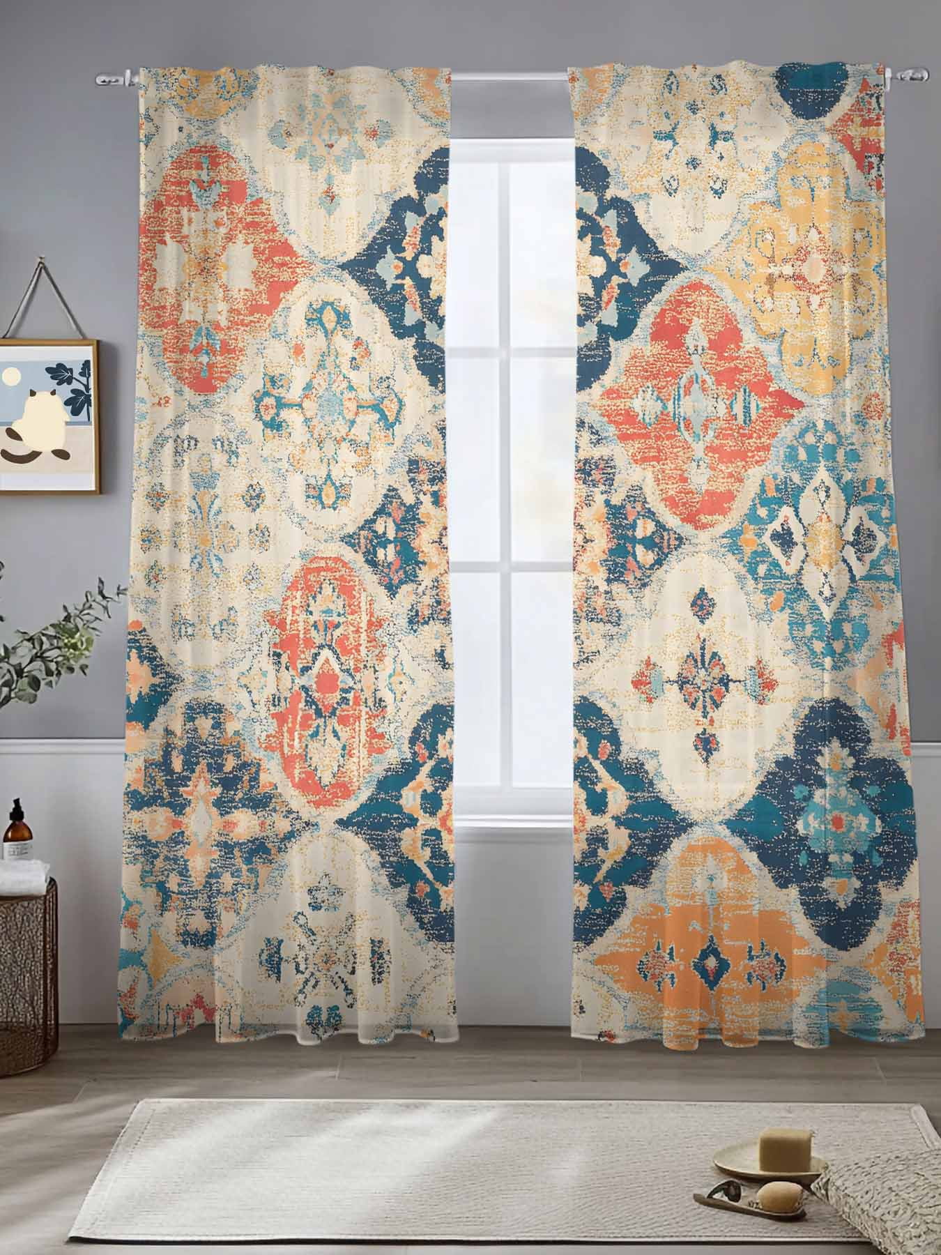 Boho Sheer Curtains 108 Inches Long 2 Panels Vintage Orange Blue ...