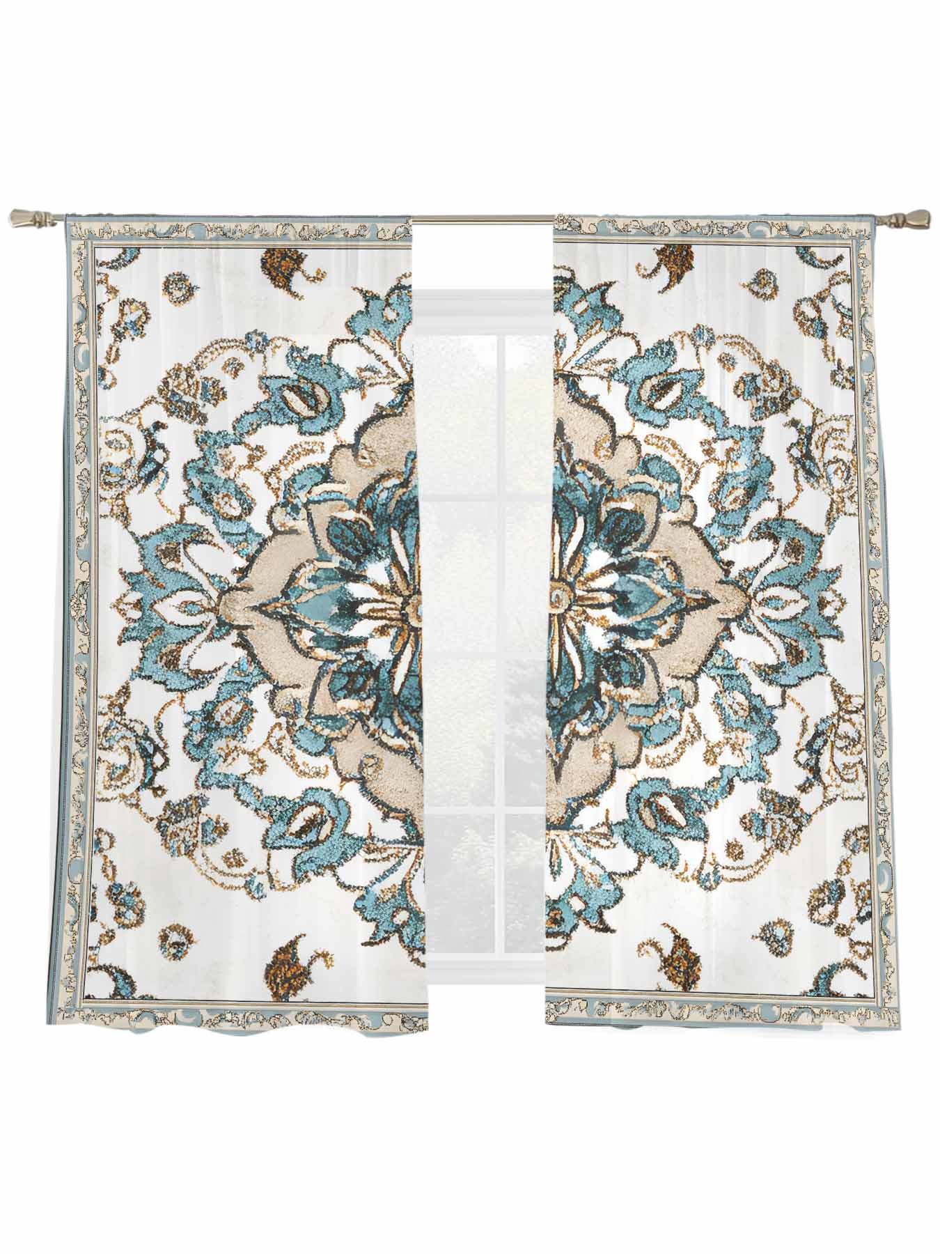 Boho Sheer Curtains 2 Panels Set Retro Blue Floral Sheer Window ...