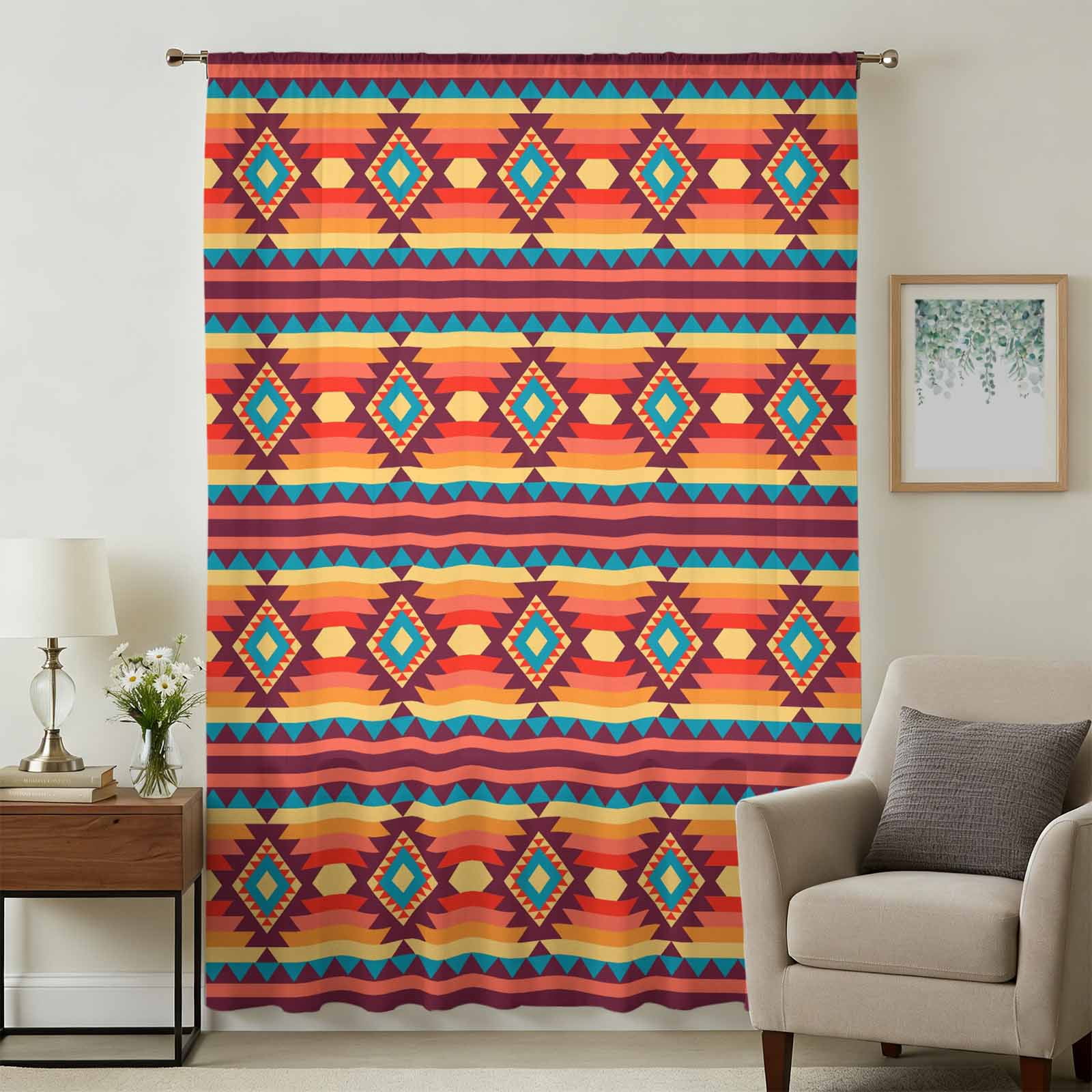 Boho Sheer Curtains 63 Inches Long, Abstract Modern Geometric Ethnic ...