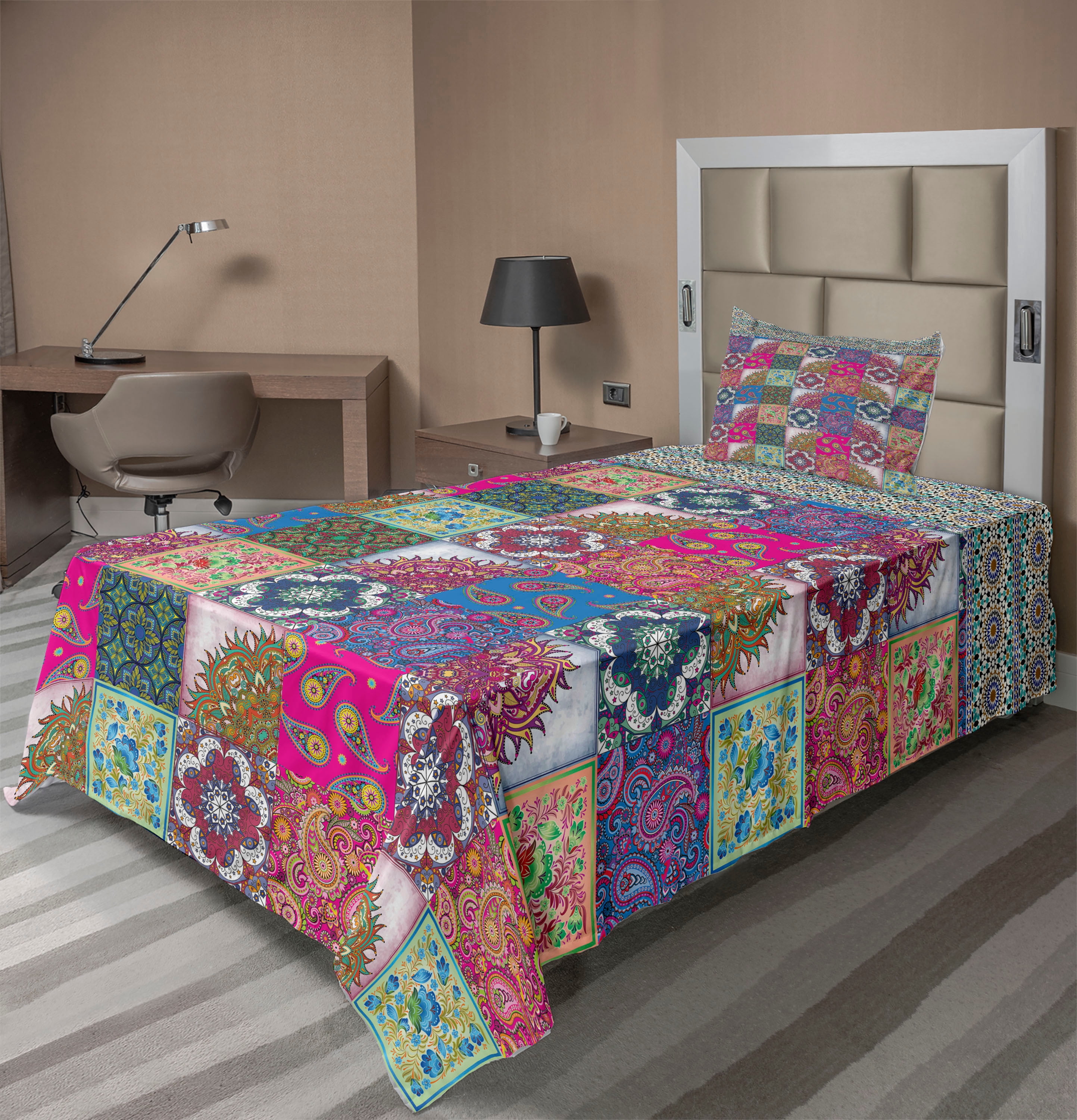 Ambesonne Boho Fitted & Top Sheet Set with Sham, Teardrop Paisley ...