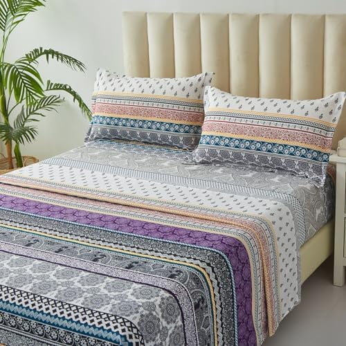 Boho Sheet Set Queen Size Purple Bohemian Striped 4 Piece Bed Sheets 14 ...